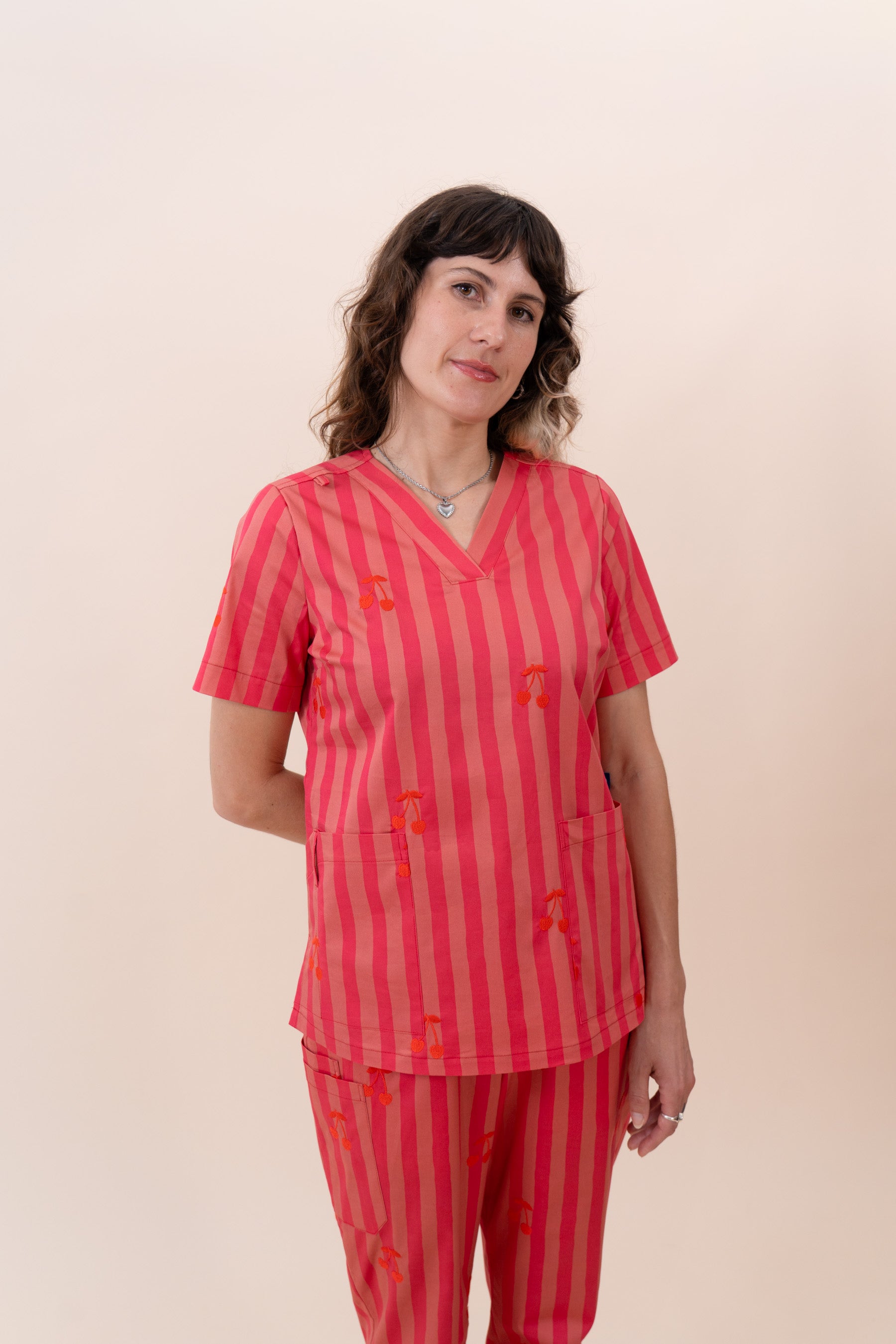 Cherry Stripe - Women's Printed Scrub Top – Scrub Turkey