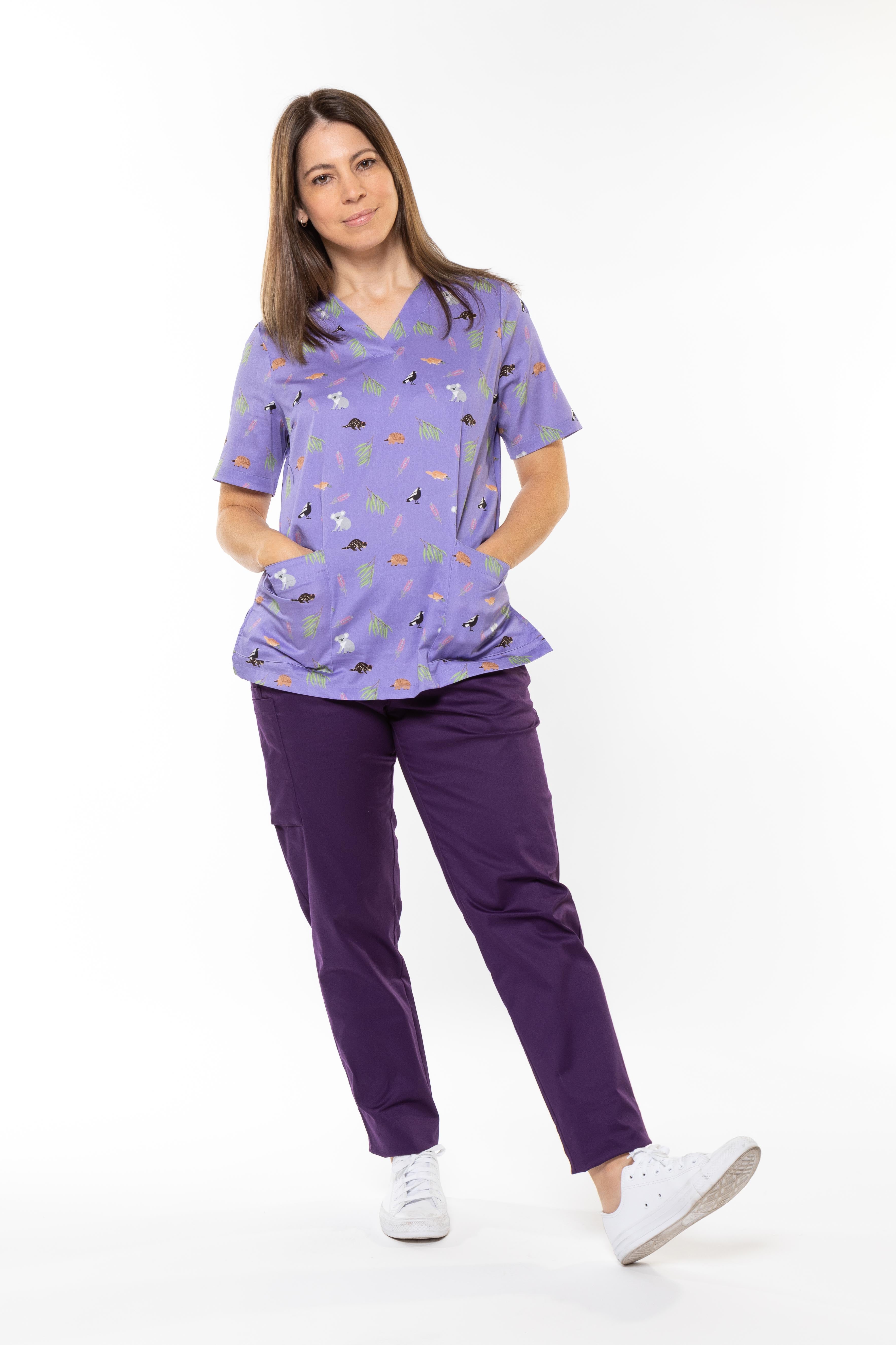 Bush Friends - Lilac - Women's Printed Scrub Top – Scrub Turkey